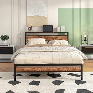 hojinlinero bed frame queen size with storage headboard/power outlets/usb ports charging station,metal bed frame queen size no box spring needed,under bed storage,easy assembly,rustic brown