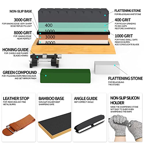 Sharpening Stone Whetstone Knife Sharpener, knife sharpening stone Premium 4 Side Grit 400/1000 3000/8000 Water Stone Sharpening Kit Wet Stones with Leather Strop, Bamboo Base & Angle Guide