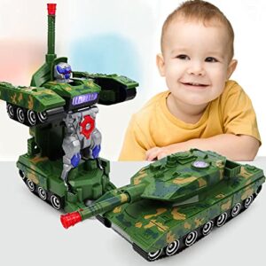 PUOX Electric Transforming Robot Tank, Electric Universal Wheels 360° Rotation, Led Lights Flashing, Realistic Sound, Transforming Robot Gift Toys for Children 4-6 Years Old