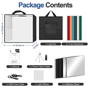 EMART Light Box Photography, 12"x12" Product Photo Studio Lightbox with 120 LED Lights, 6 Color Backdrops, 4 Reflection Boards, 1 Diffuser Cloth and 1 Phone Tripod Holder