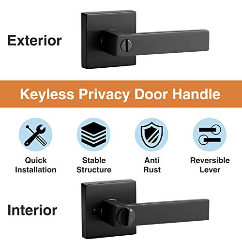 AIKKIL Matte Black Door Handle Interior Knob Keyless Levers Set (6 Pack), Heavy Duty Privacy Lock for Bedroom or Bathroom, Reversible for Left Right Sided Doors