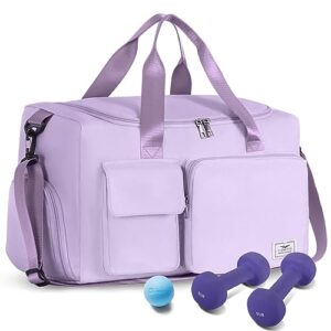 fioretto sports gym duffle bag with shoes compartment, weekend travel overnight bag for women, mens, foldable water resistant holdall hospital bag for swimming, basketball (light purple)