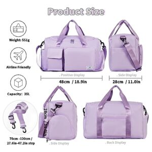 FIORETTO Sports Gym Duffle Bag with Shoes Compartment, Weekend Travel Overnight Bag for Women, Mens, Foldable Water Resistant Holdall Hospital Bag For Swimming, Basketball (Light Purple)