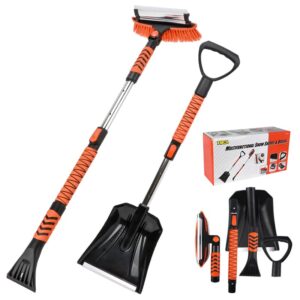 42'' ice scraper and extendable snow brush emergency snow shovel snow broom with foam grip 180° pivoting brush head snow scraper for cars, trucks, suvs, vehicle