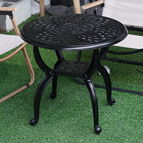 JARDIN DE CENTENNIAL Cast Aluminum Side/ End Table, Anti-Rust Coffee Bistro Table For Outdoor, Patio, Indoor, Garden, Porch, Balcony (Round Black)