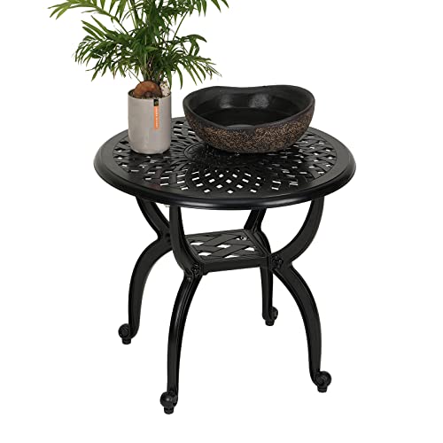 JARDIN DE CENTENNIAL Cast Aluminum Side/ End Table, Anti-Rust Coffee Bistro Table For Outdoor, Patio, Indoor, Garden, Porch, Balcony (Round Black)