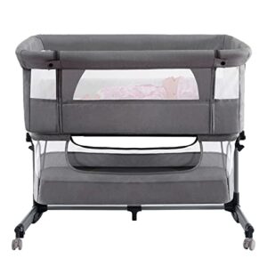 lamberia baby bassinets bedside sleeper, adjustable bassinet for baby with wheels, easy folding portable crib for baby, grey