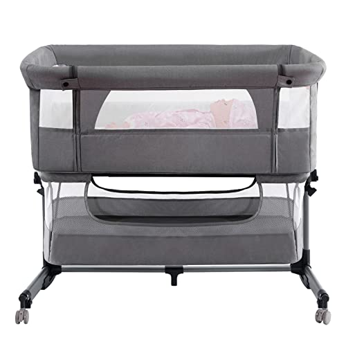 Lamberia Baby Bassinets Bedside Sleeper, Adjustable Bassinet for Baby with Wheels, Easy Folding Portable Crib for Baby, Grey