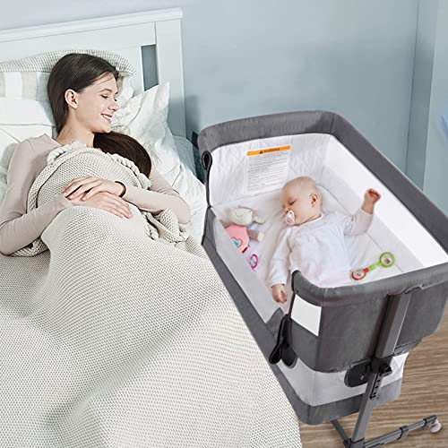 Lamberia Baby Bassinets Bedside Sleeper, Adjustable Bassinet for Baby with Wheels, Easy Folding Portable Crib for Baby, Grey