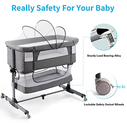 Lamberia Baby Bassinets Bedside Sleeper, Adjustable Bassinet for Baby with Wheels, Easy Folding Portable Crib for Baby, Grey