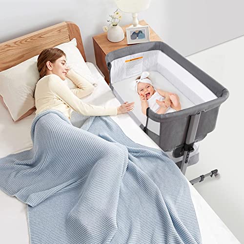 Lamberia Baby Bassinets Bedside Sleeper, Adjustable Bassinet for Baby with Wheels, Easy Folding Portable Crib for Baby, Grey