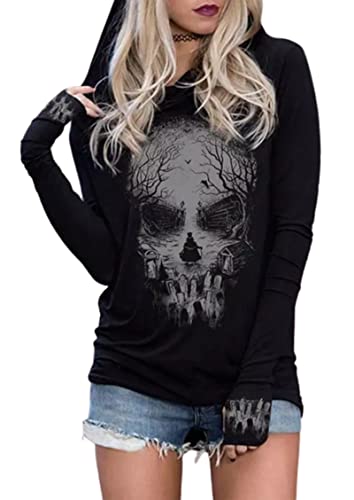 MHTOR Halloween Horror Skull Silhouette Hoodie Women Long Sleeve Sweatshirt NoveltyPullover Hoodie(Medium,Black)