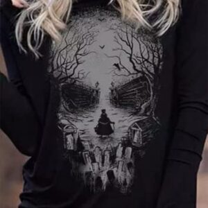 MHTOR Halloween Horror Skull Silhouette Hoodie Women Long Sleeve Sweatshirt NoveltyPullover Hoodie(Medium,Black)