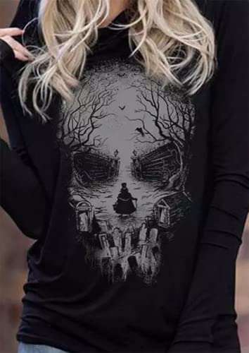 MHTOR Halloween Horror Skull Silhouette Hoodie Women Long Sleeve Sweatshirt NoveltyPullover Hoodie(Medium,Black)