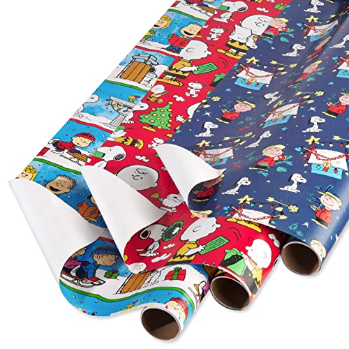 American Greetings 105 sq. ft. Peanuts Christmas Wrapping Paper Bundle with Cut Lines, Peanuts Characters (3 Rolls 30 in. x 14 ft.)