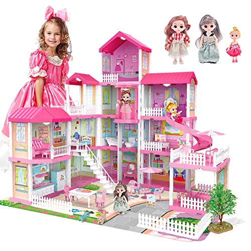 Doll House for 3 Year Old Girls,4-Story 13 Rooms Doll House,Fully Furnished Dollhouses w/Lights,Play Mat and Upgraded Doll,Play House Accessories,Elevator and Slide,Gift Toy for Kids 4 5 6 7 8 to 12+