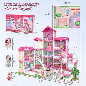 Doll House for 3 Year Old Girls,4-Story 13 Rooms Doll House,Fully Furnished Dollhouses w/Lights,Play Mat and Upgraded Doll,Play House Accessories,Elevator and Slide,Gift Toy for Kids 4 5 6 7 8 to 12+