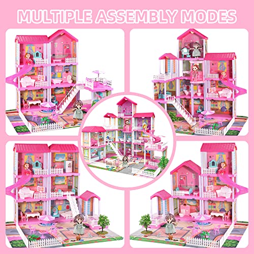 Doll House for 3 Year Old Girls,4-Story 13 Rooms Doll House,Fully Furnished Dollhouses w/Lights,Play Mat and Upgraded Doll,Play House Accessories,Elevator and Slide,Gift Toy for Kids 4 5 6 7 8 to 12+