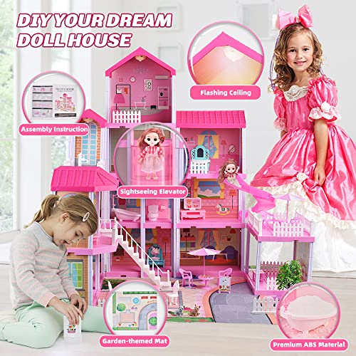 Doll House for 3 Year Old Girls,4-Story 13 Rooms Doll House,Fully Furnished Dollhouses w/Lights,Play Mat and Upgraded Doll,Play House Accessories,Elevator and Slide,Gift Toy for Kids 4 5 6 7 8 to 12+