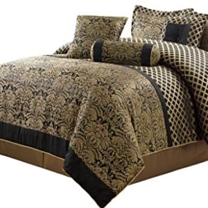 Chezmoi Collection 7-Piece Black/Gold Diamond Floral Medallion Jacquard Woven Comforter Set, California King