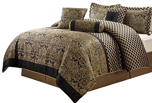 Chezmoi Collection 7-Piece Black/Gold Diamond Floral Medallion Jacquard Woven Comforter Set, California King