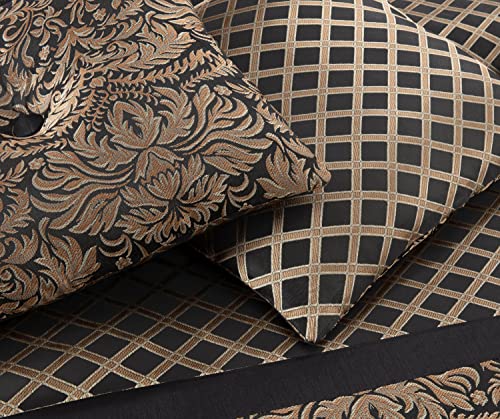 Chezmoi Collection 7-Piece Black/Gold Diamond Floral Medallion Jacquard Woven Comforter Set, California King