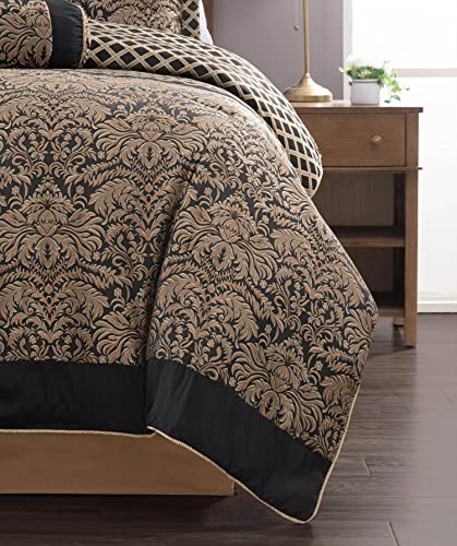 Chezmoi Collection 7-Piece Black/Gold Diamond Floral Medallion Jacquard Woven Comforter Set, California King