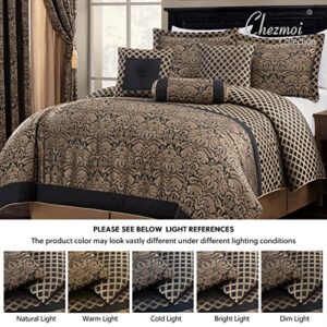 Chezmoi Collection 7-Piece Black/Gold Diamond Floral Medallion Jacquard Woven Comforter Set, California King