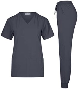 minty mint women's lightweight durable solid 4-way stretch medical uniform scrub set v neck top cargo tapered jogger pants nurse veterinarian lve3a grey l