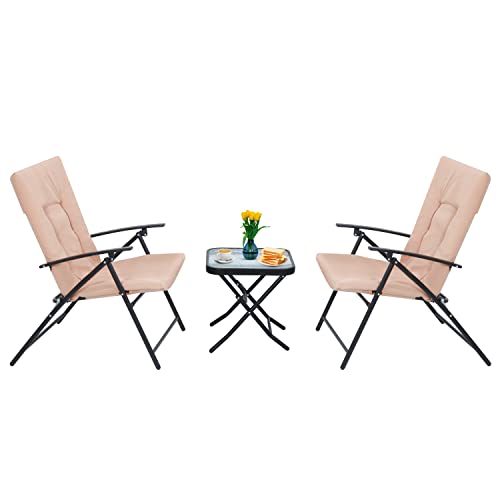 JOYTIO 3-Piece Folding Patio Bistro Dining Set, Outdoor Dining Furniture Set with 2 Folding Reclining Chairs with Cushion and 1 Folding Glass Table - Beige