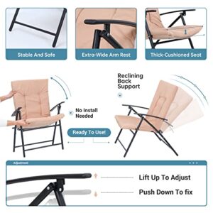 JOYTIO 3-Piece Folding Patio Bistro Dining Set, Outdoor Dining Furniture Set with 2 Folding Reclining Chairs with Cushion and 1 Folding Glass Table - Beige