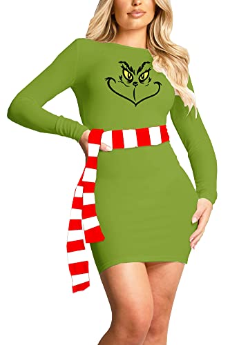 Christmas Grinch Dress for Women Ugly Holiday Party Winter Dresses with Scarf Grinch Costume S