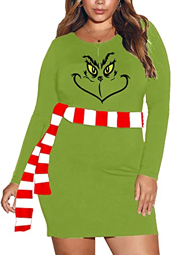 Christmas Grinch Dress for Women Ugly Holiday Party Winter Dresses with Scarf Grinch Costume S