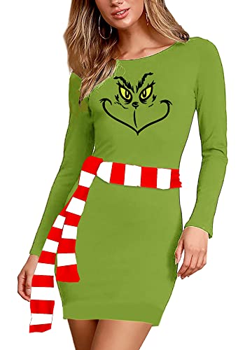 Christmas Grinch Dress for Women Ugly Holiday Party Winter Dresses with Scarf Grinch Costume S