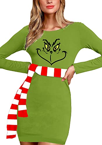 Christmas Grinch Dress for Women Ugly Holiday Party Winter Dresses with Scarf Grinch Costume S