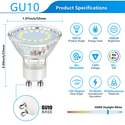 Maylaywood GU10 LED Light Bulbs, 50 Watt Halogen Equivalent, Daylight White 5000K, 450 Lumens, Non-Dimmable, 4W LED Bulb Replacement for Recessed Track Lighting, 120 Degree Flood Beam, 5-Pack