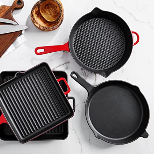 Voeux Kitchenware-Cast Iron Square Grill Pan,Griddle Nonstick Stove Top Grill Pan,Oven, Broiler, Grill Safe, Kitchen Skillet Restaurant Chef Pan, Easy Grease Draining For Grilling (Matte Black, 9.8)