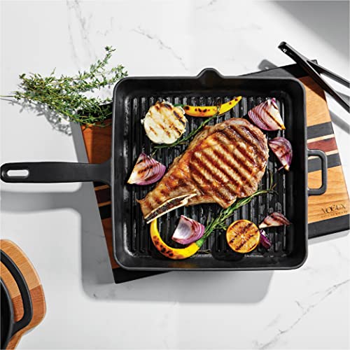 Voeux Kitchenware-Cast Iron Square Grill Pan,Griddle Nonstick Stove Top Grill Pan,Oven, Broiler, Grill Safe, Kitchen Skillet Restaurant Chef Pan, Easy Grease Draining For Grilling (Matte Black, 9.8)