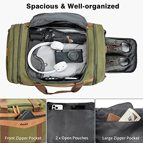 Celvetch Canvas Duffle Bag for Travel - 45L Duffle Bag for Men Travel Duffel Bag Weekender Overnight Bag with Shoe Compartment Mens Travel Bag - Army Green