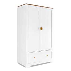 VINGLI Wide Wardrobe Closet, White Armoire Wardrobe with Hanging Rod, Shelves and Drawer, Freestanding Closet Wardrobe Cabinet, Armoires and Wardrobes with Doors for Bedroom, Kids' Room, Dorm