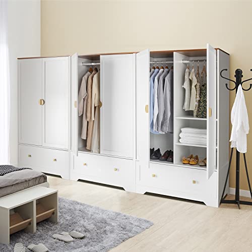 VINGLI Wide Wardrobe Closet, White Armoire Wardrobe with Hanging Rod, Shelves and Drawer, Freestanding Closet Wardrobe Cabinet, Armoires and Wardrobes with Doors for Bedroom, Kids' Room, Dorm