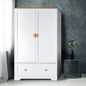 VINGLI Wide Wardrobe Closet, White Armoire Wardrobe with Hanging Rod, Shelves and Drawer, Freestanding Closet Wardrobe Cabinet, Armoires and Wardrobes with Doors for Bedroom, Kids' Room, Dorm