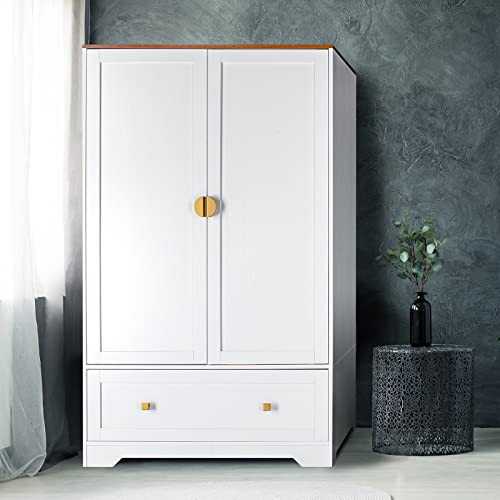 VINGLI Wide Wardrobe Closet, White Armoire Wardrobe with Hanging Rod, Shelves and Drawer, Freestanding Closet Wardrobe Cabinet, Armoires and Wardrobes with Doors for Bedroom, Kids' Room, Dorm