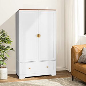 VINGLI Wide Wardrobe Closet, White Armoire Wardrobe with Hanging Rod, Shelves and Drawer, Freestanding Closet Wardrobe Cabinet, Armoires and Wardrobes with Doors for Bedroom, Kids' Room, Dorm