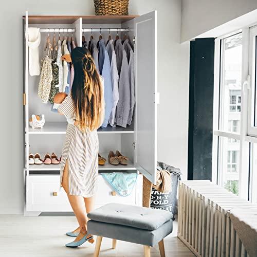 VINGLI Wide Wardrobe Closet, White Armoire Wardrobe with Hanging Rod, Shelves and Drawer, Freestanding Closet Wardrobe Cabinet, Armoires and Wardrobes with Doors for Bedroom, Kids' Room, Dorm