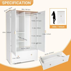 VINGLI Wide Wardrobe Closet, White Armoire Wardrobe with Hanging Rod, Shelves and Drawer, Freestanding Closet Wardrobe Cabinet, Armoires and Wardrobes with Doors for Bedroom, Kids' Room, Dorm