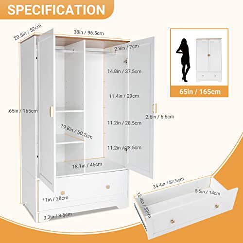 VINGLI Wide Wardrobe Closet, White Armoire Wardrobe with Hanging Rod, Shelves and Drawer, Freestanding Closet Wardrobe Cabinet, Armoires and Wardrobes with Doors for Bedroom, Kids' Room, Dorm