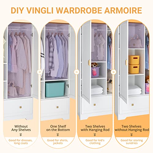 VINGLI Wide Wardrobe Closet, White Armoire Wardrobe with Hanging Rod, Shelves and Drawer, Freestanding Closet Wardrobe Cabinet, Armoires and Wardrobes with Doors for Bedroom, Kids' Room, Dorm