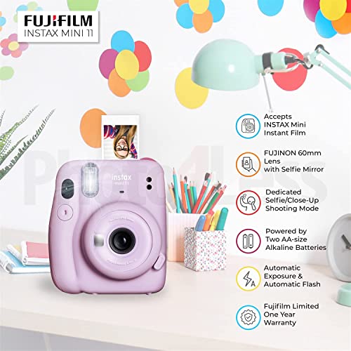 Fujifilm Instax Mini 11 Instant Film Camera, Fuji Instax Mini Film 10 Sheets, Color Frames for Mini Prints, Gift Bundle (Purple - 2)