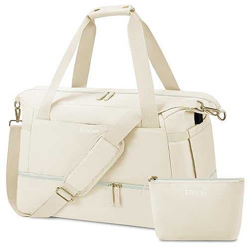 Weekender Bag for Women, Travel Bag with Shoe Compartment & USB Charging Port, Gym Bag with Wet Compartment, Overnight Duffel Bag Hospital Bag for Women Travel Sports Shopping (Off White)